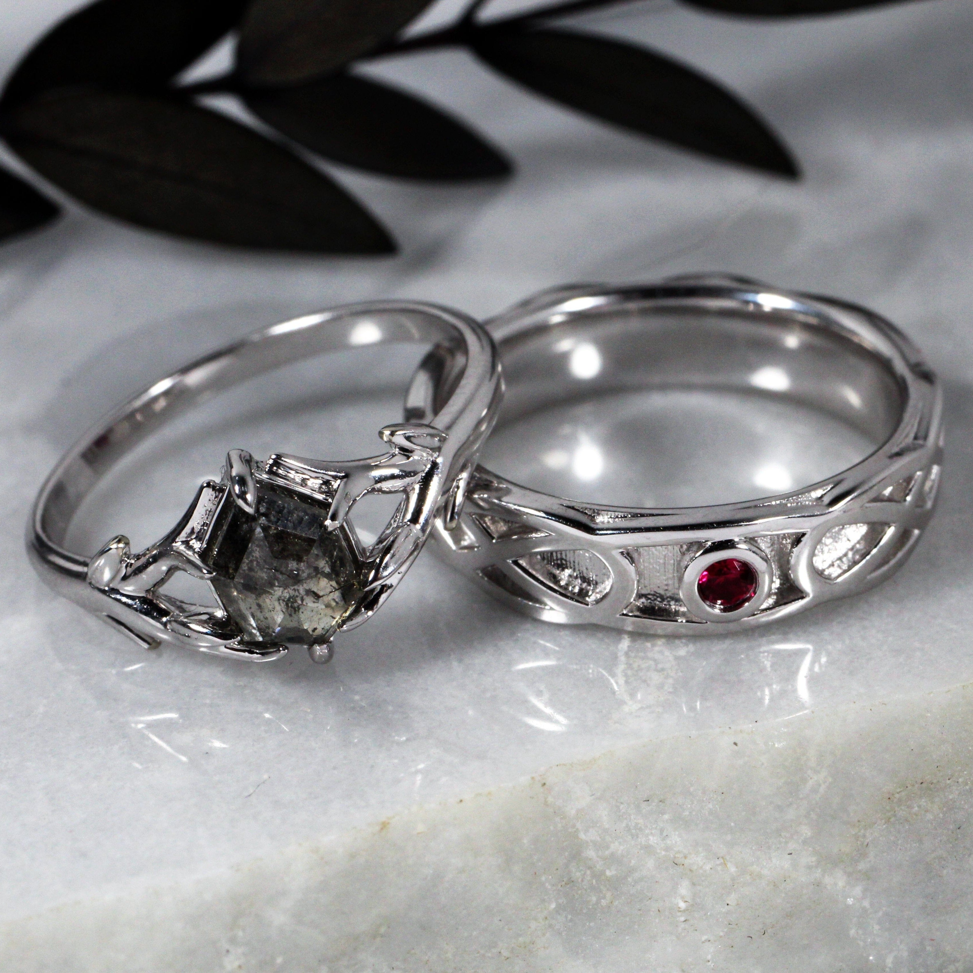 Nature-Inspired Engagement Ring Set with a Hexagon Salt & Pepper Diamo ...