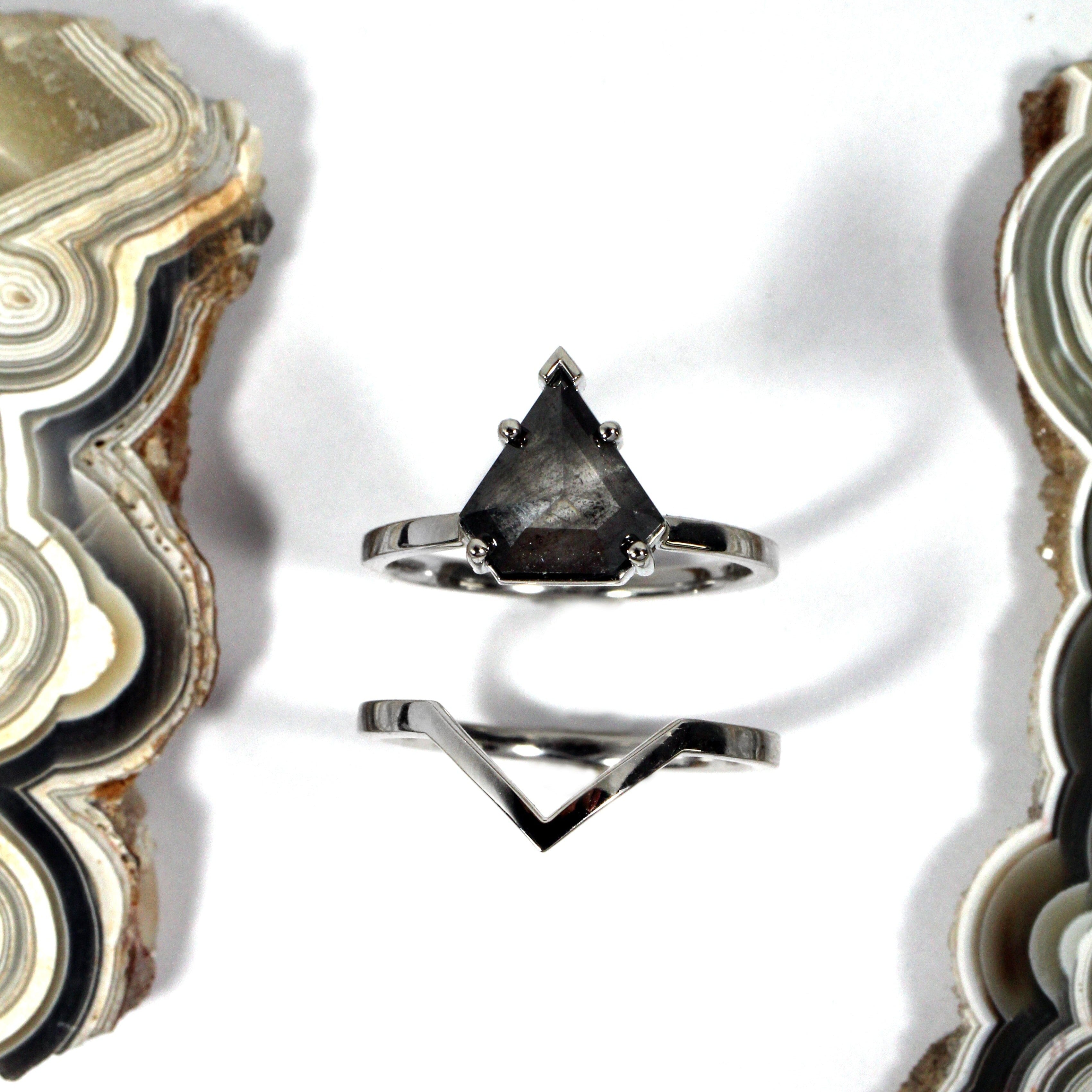 Salt and Pepper Shield Cut Diamond Engagement Ring Set – Kris Averi